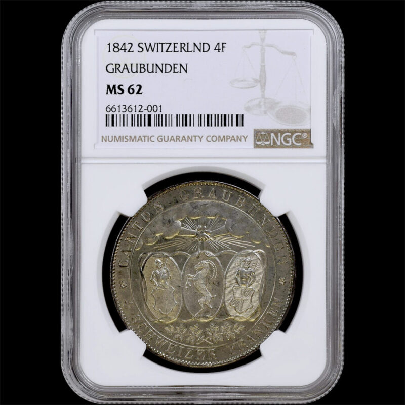 1842年 スイス グラウビュンデン射撃祭記念 4フランケン 銀貨 NGC MS62 - BeEraCoins NGC,PCGSアンティークコイン投資