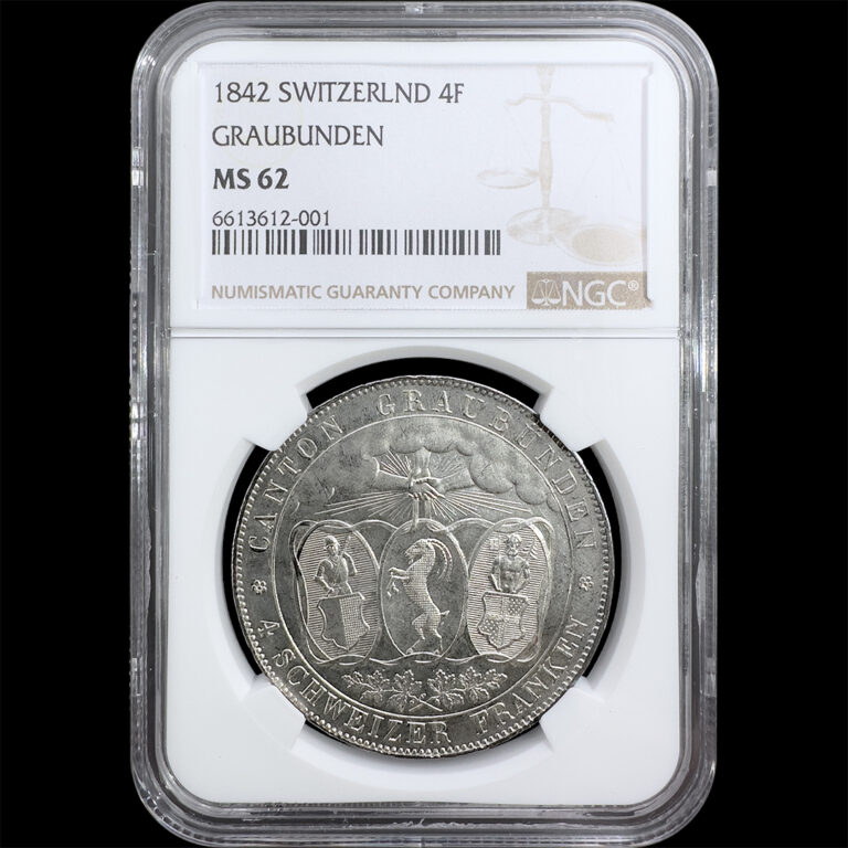 1842年 スイス グラウビュンデン射撃祭記念 4フランケン 銀貨 NGC MS62 - BeEraCoins NGC,PCGSアンティークコイン投資